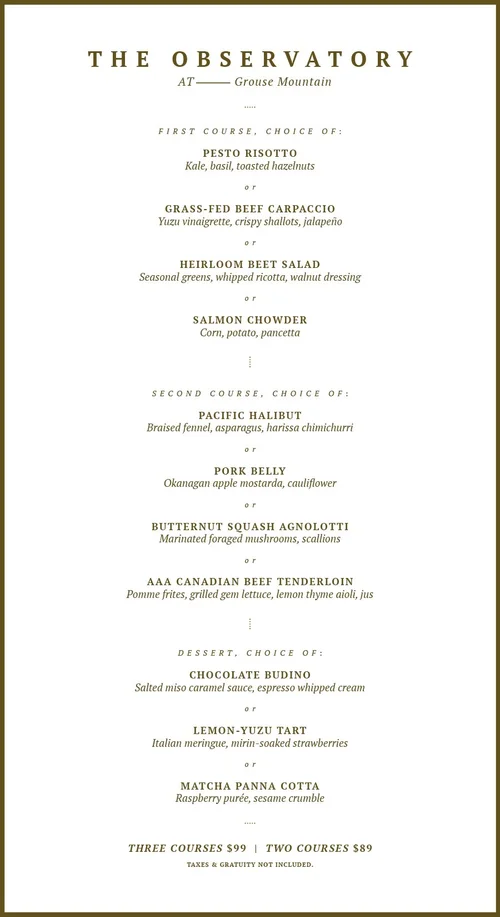 Observatory Menu — The Observatory Restaurant