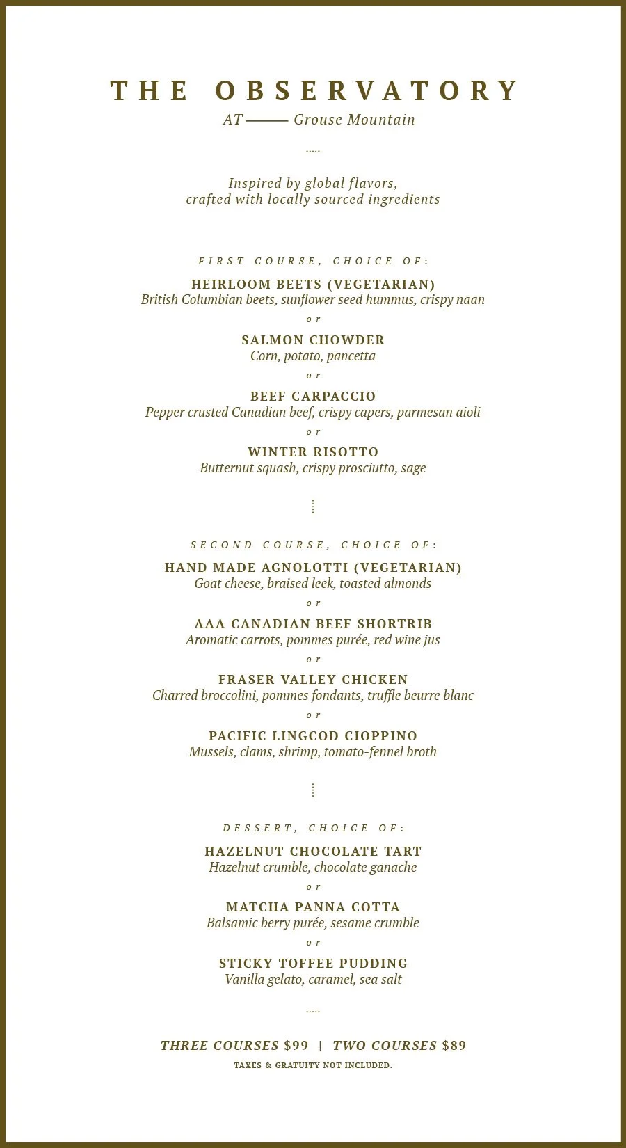Observatory Menu — The Observatory Restaurant