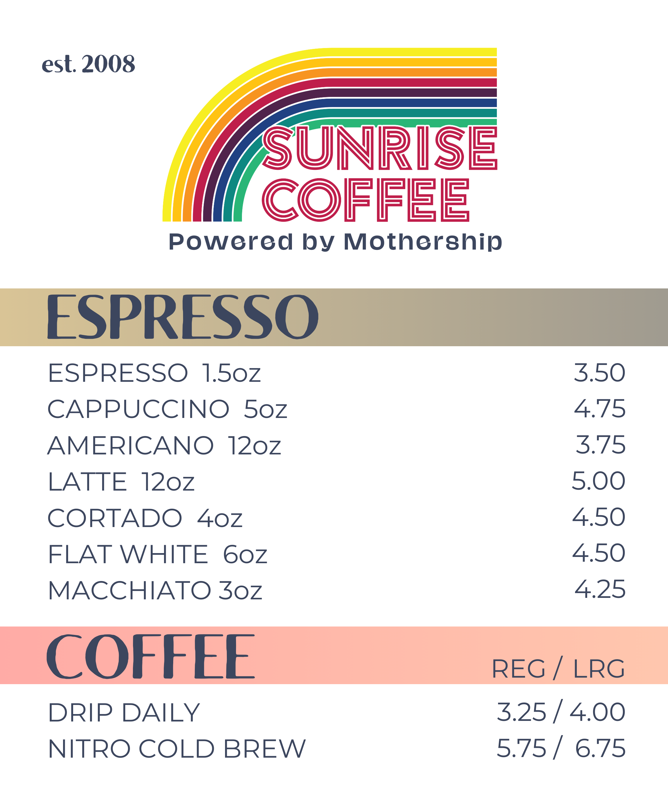 Drink Menu — Sunrise Coffee