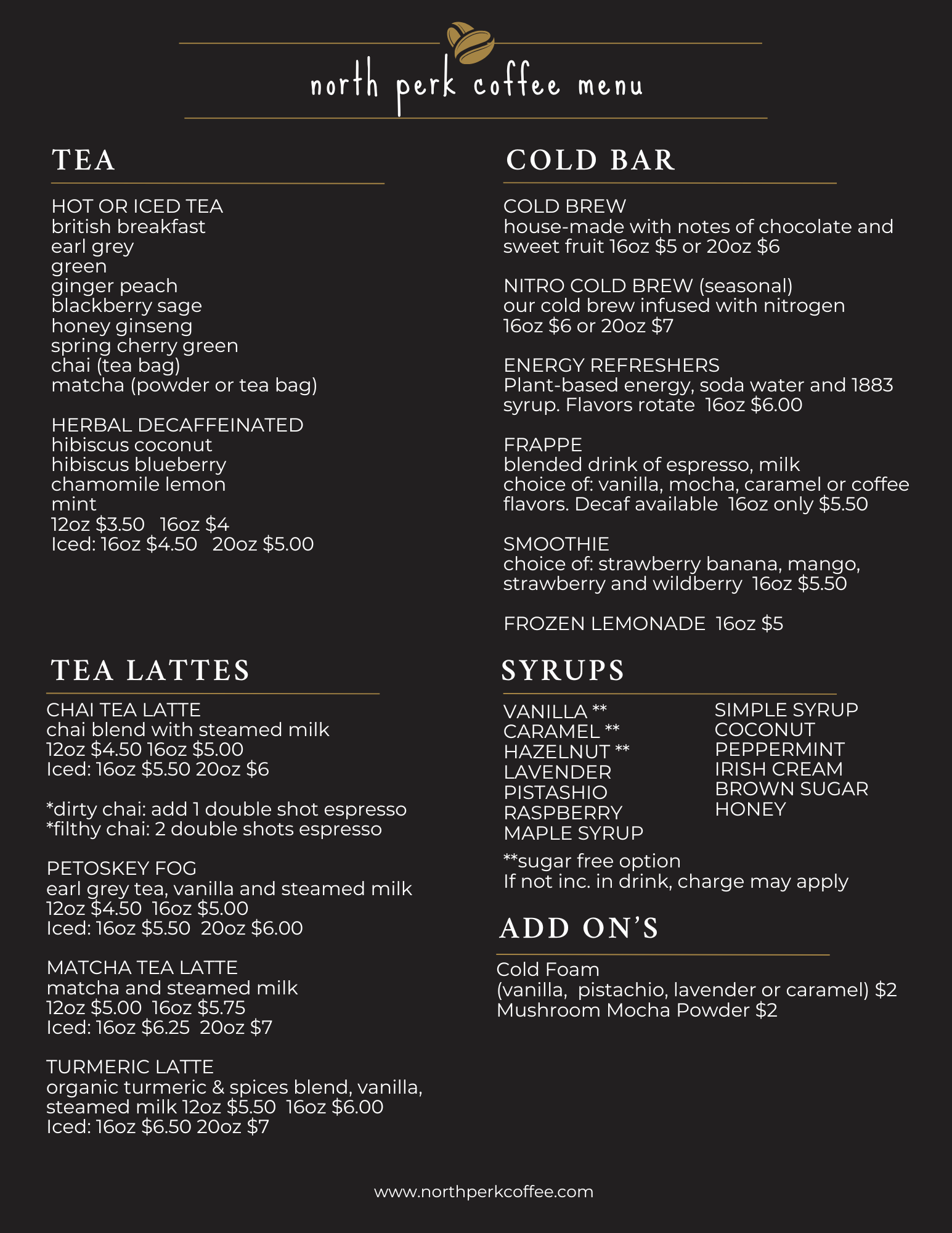 North Perk Menu — North Perk Coffee