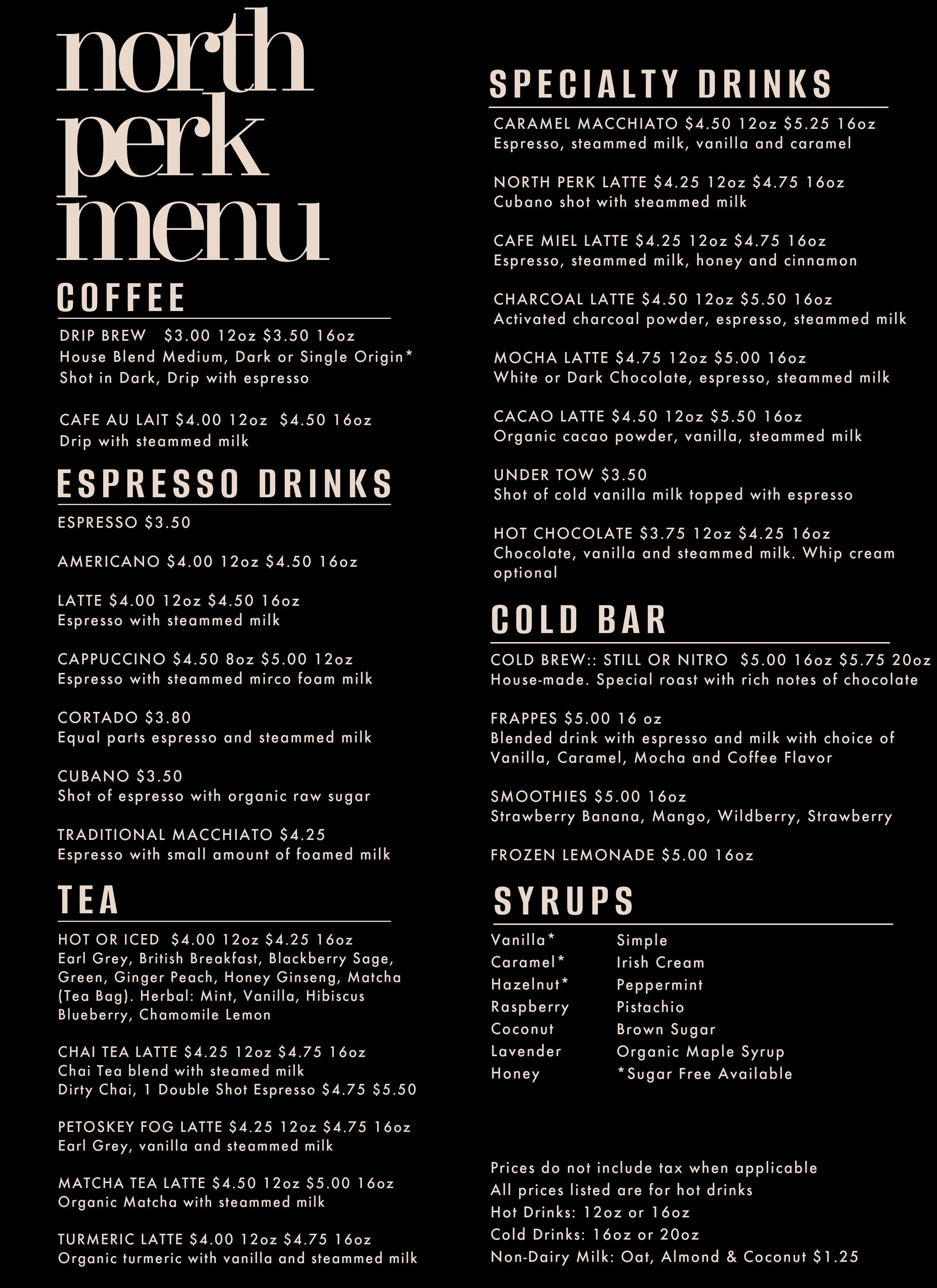 North Perk Menu — North Perk Coffee