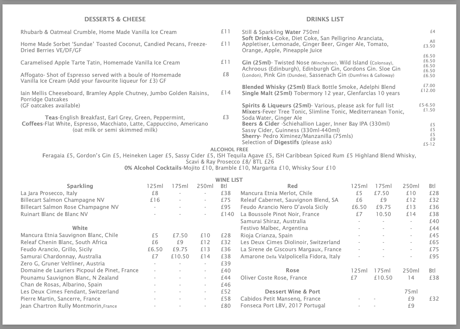 FOOD & DRINK MENU — THE WEE RESTAURANT