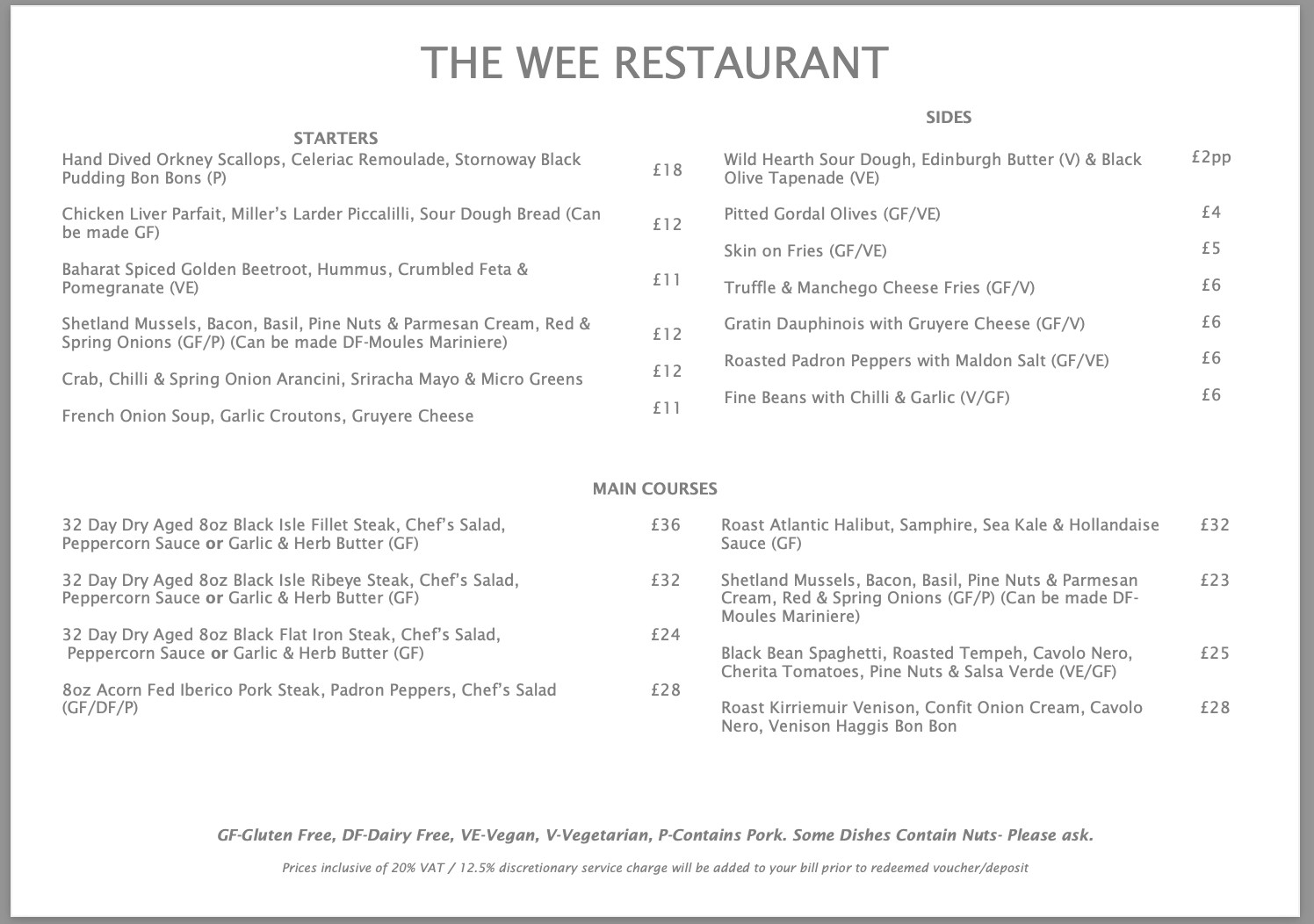 FOOD & DRINK MENU — THE WEE RESTAURANT