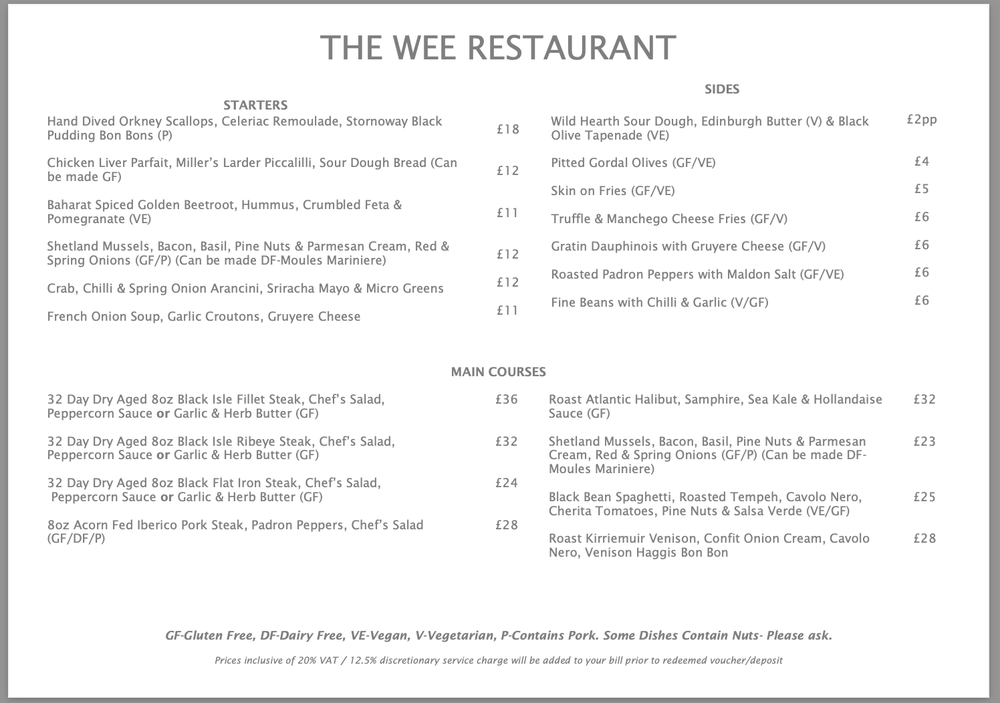 FOOD & DRINK MENU — THE WEE RESTAURANT