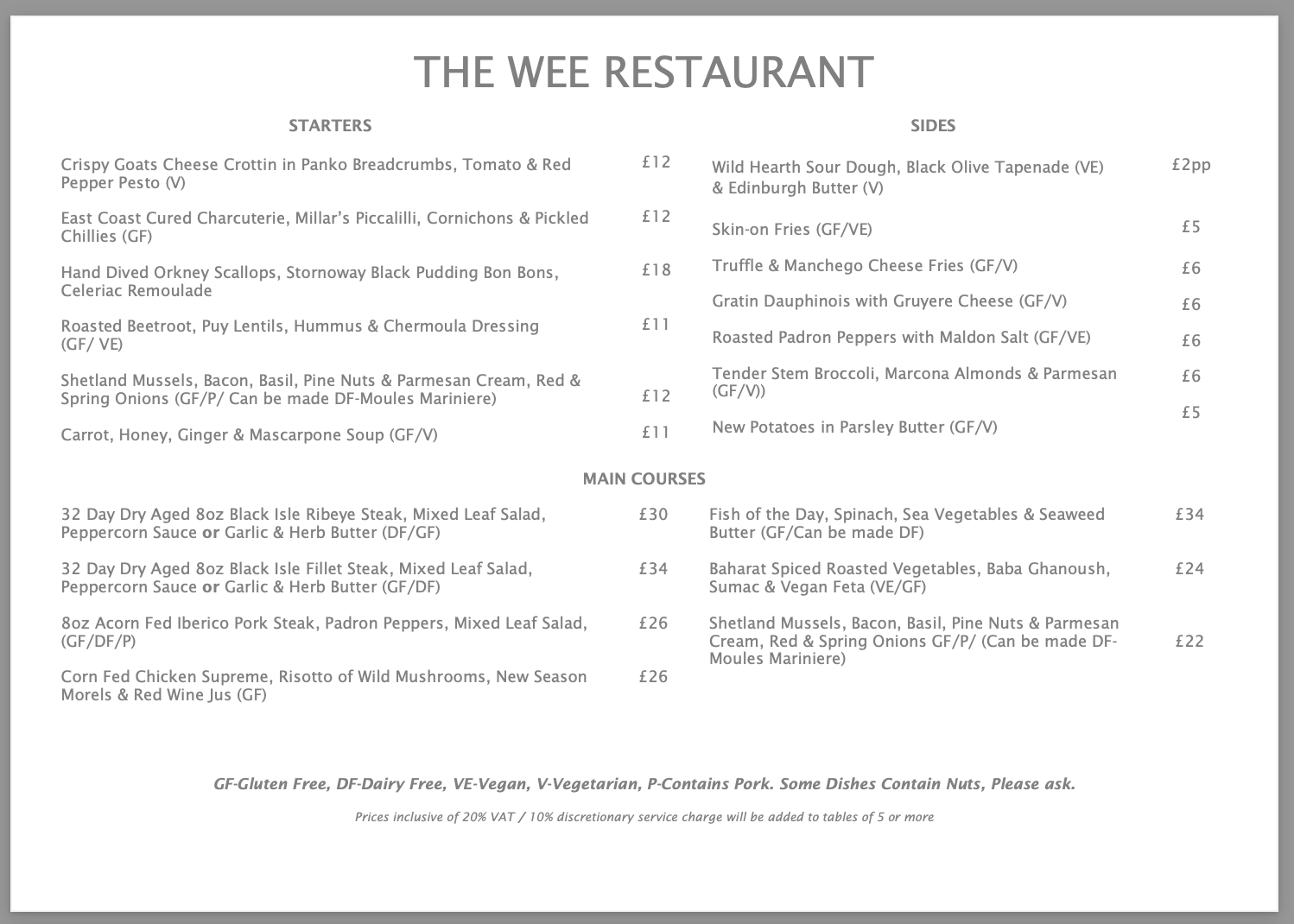FOOD & DRINK MENU — THE WEE RESTAURANT