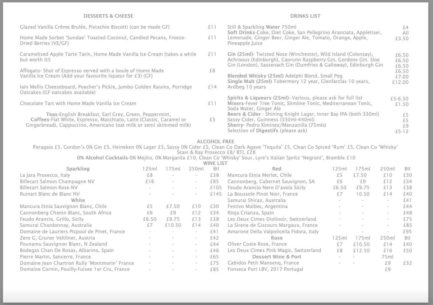 FOOD & DRINK MENU — THE WEE RESTAURANT
