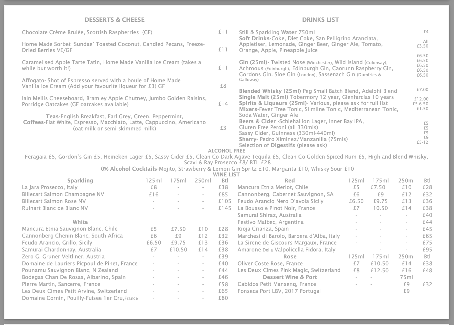 FOOD & DRINK MENU — THE WEE RESTAURANT