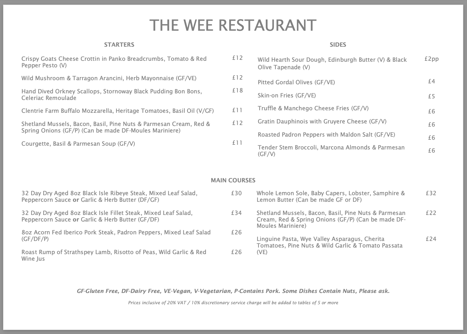 FOOD & DRINK MENU — THE WEE RESTAURANT