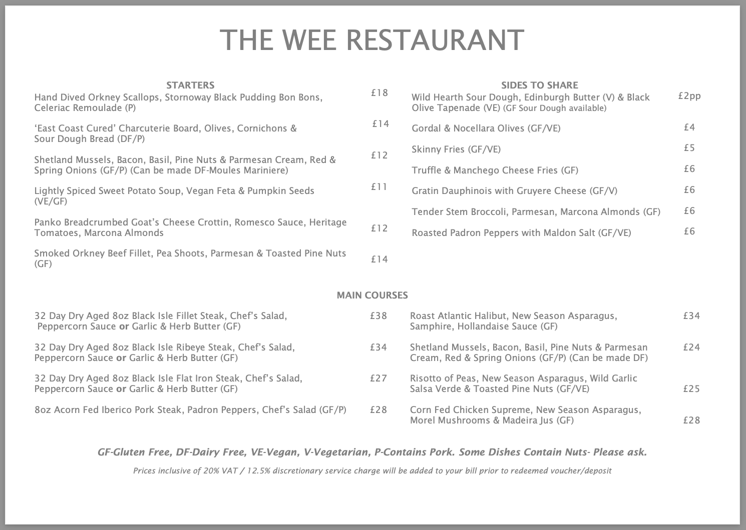 FOOD & DRINK MENU — THE WEE RESTAURANT