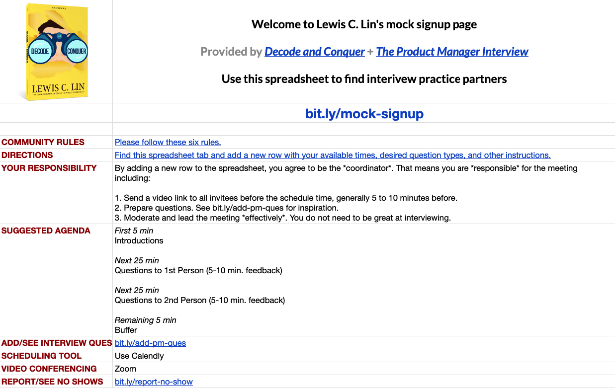 Lewis C. Lin's Sign Up Sheet for Product Management Mock Interviews ...