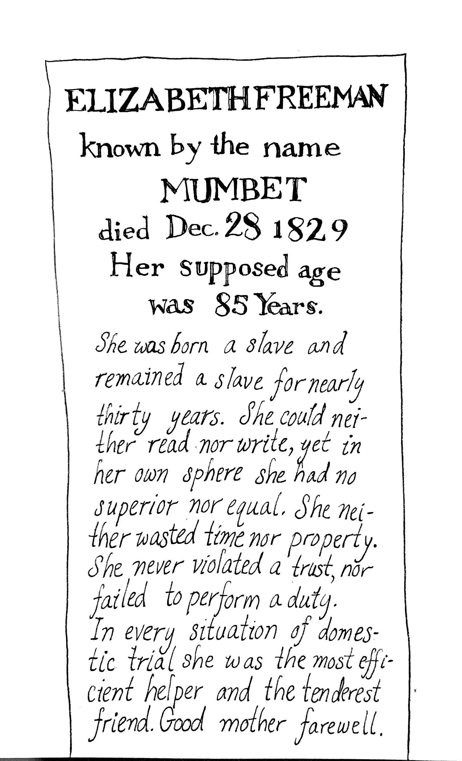 Gravestone of Elizabeth Freeman — Hand Carved Slate