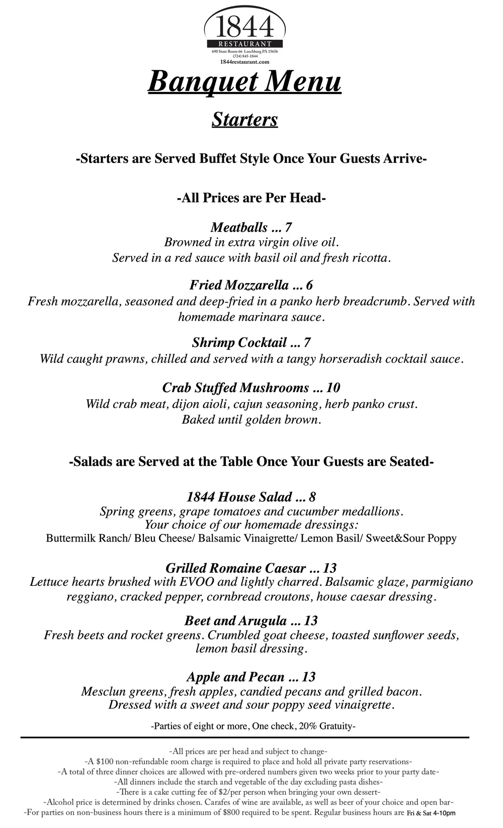 banquet menu — 1844 Restaurant