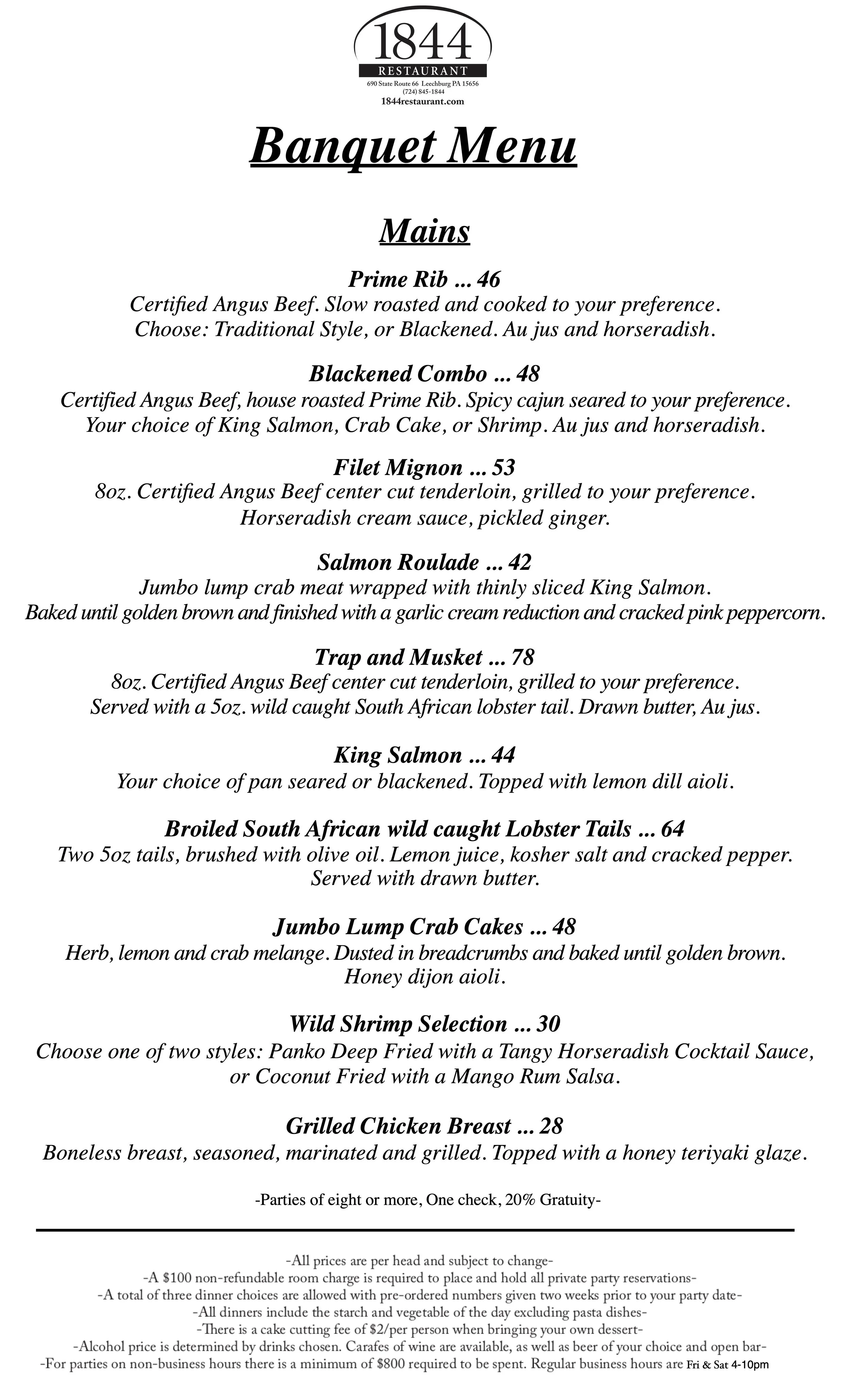 banquet menu — 1844 Restaurant
