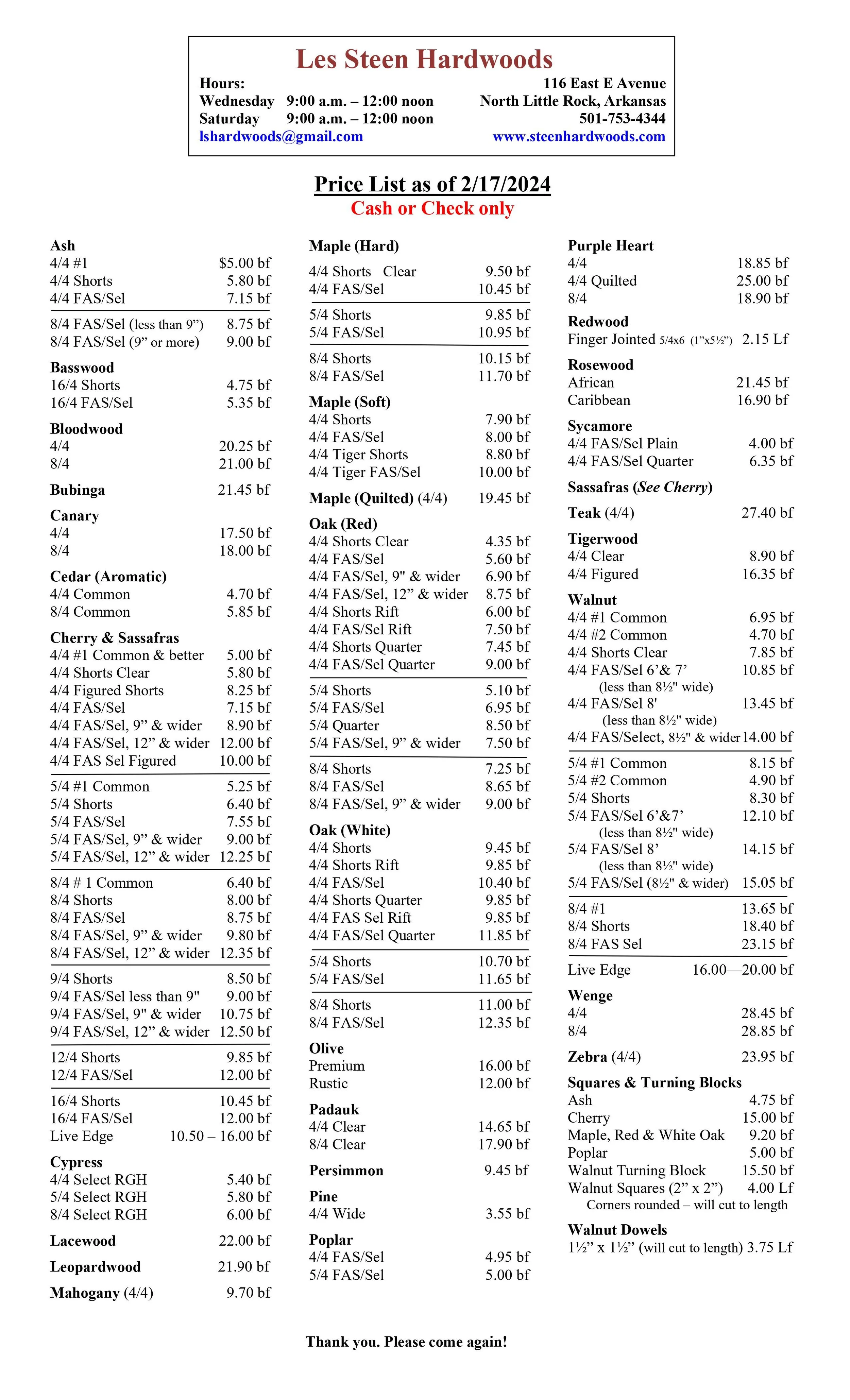 Price list — Les Steen Hardwoods