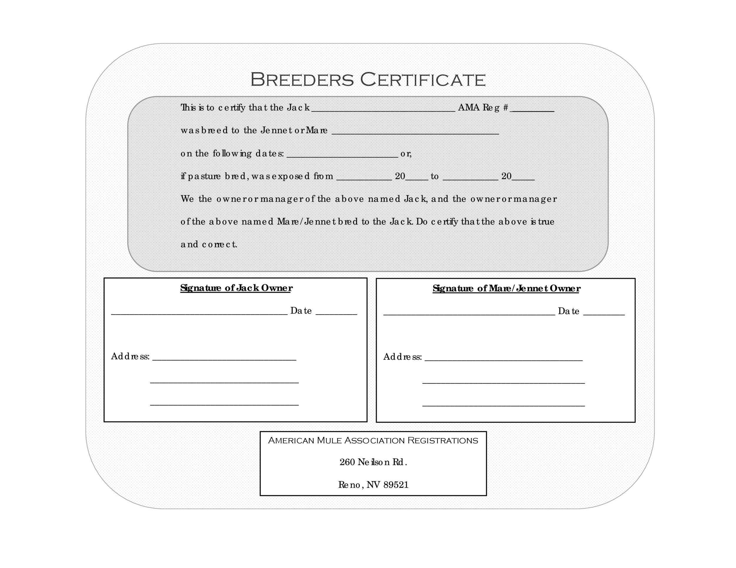 Breeder's Certificate — American Mule Association