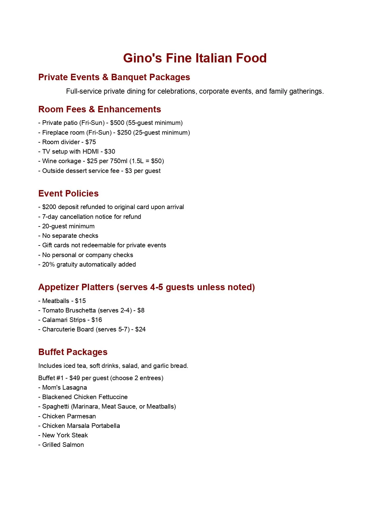 Menu — Gino's Fine Italian Foods