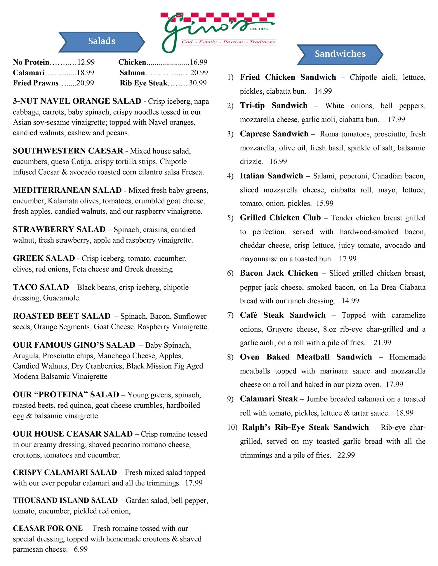 Gino's Menu — Gino's Fine Italian Foods