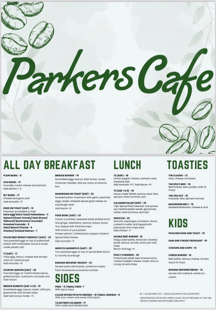 Menu — Parkers Cafe