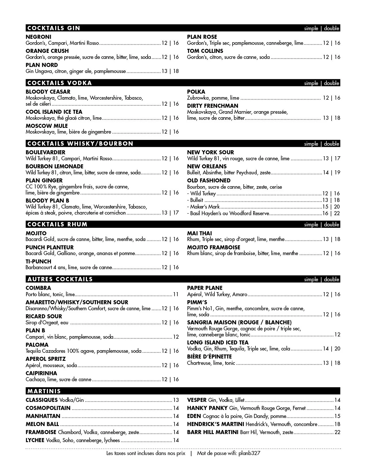 Menu Plan B Bar
