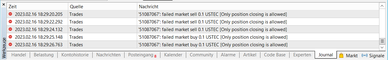 Was tun bei MT5 Fehlermeldung [Only position closing is allowed] - “Nur ...