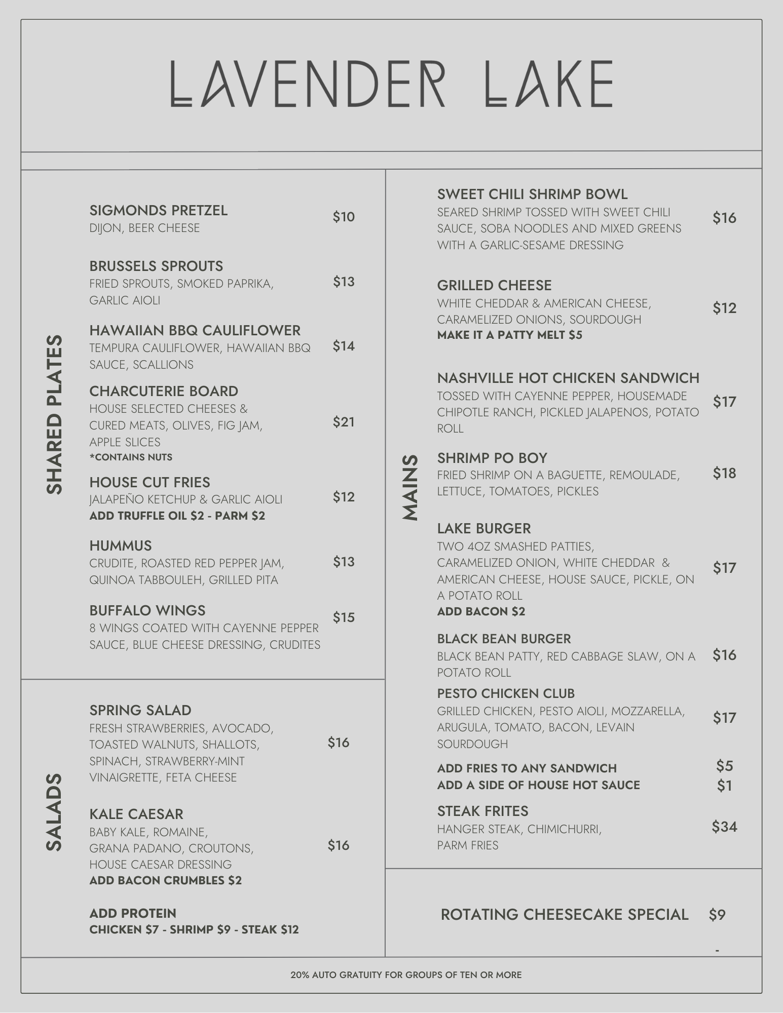 Menus — Lavender Lake