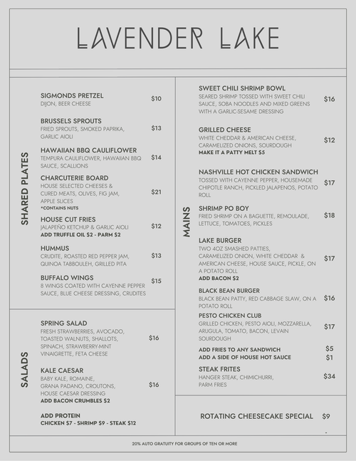 Menus — Lavender Lake