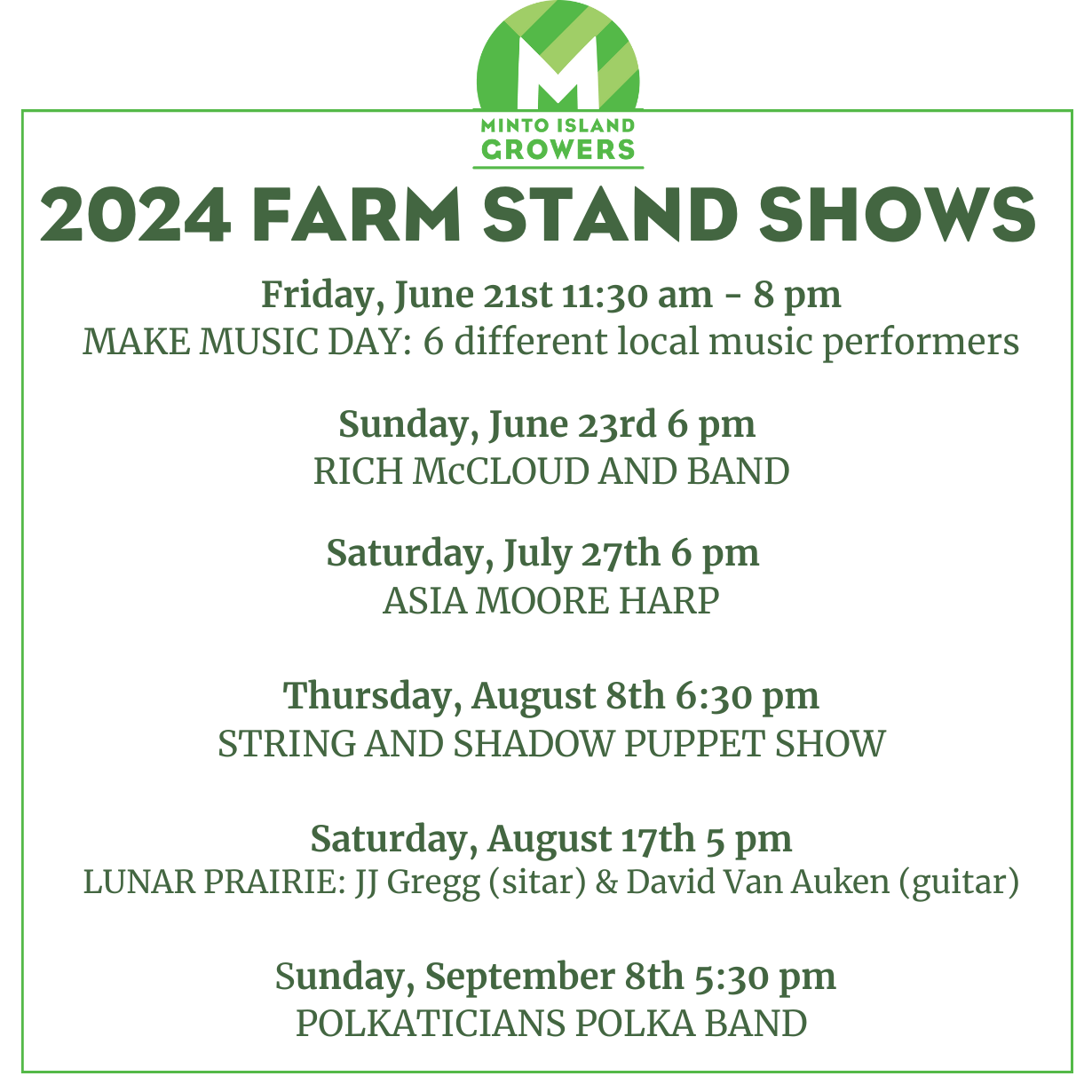 Summer 2024 Concert Series — Minto Island Growers