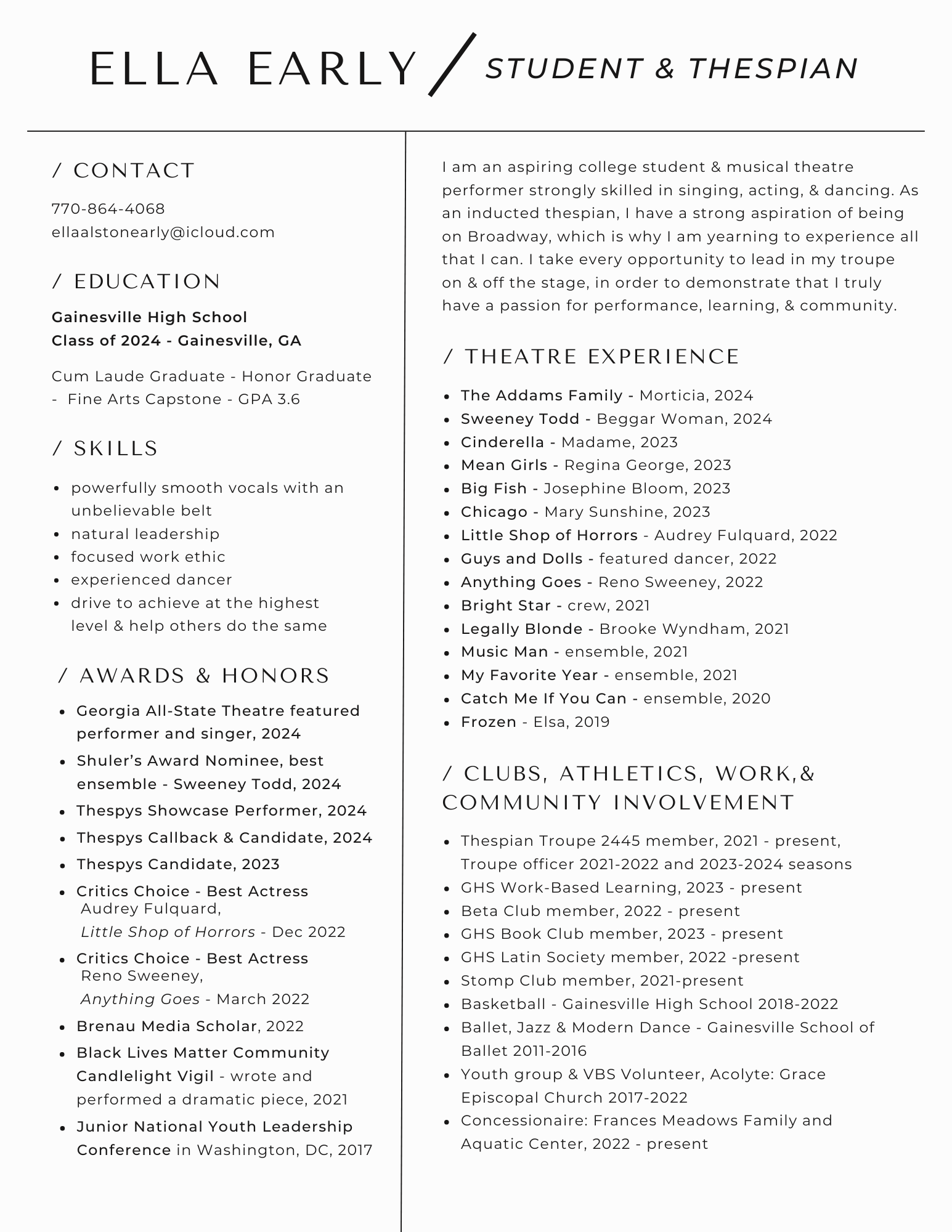 Ella Early Resume Highlights — Enemies of the Average Ginny Early