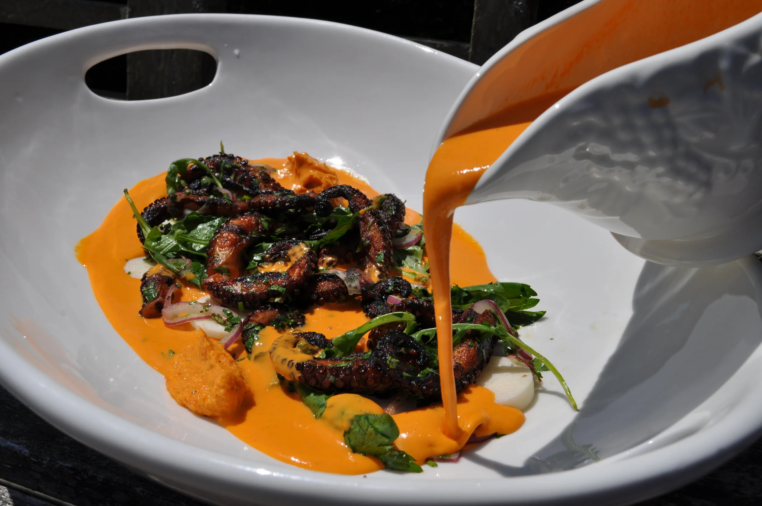 Crispy and Tender Octopus, Spicy Arugula, Red Pepper Romesco — Gabe Kennedy