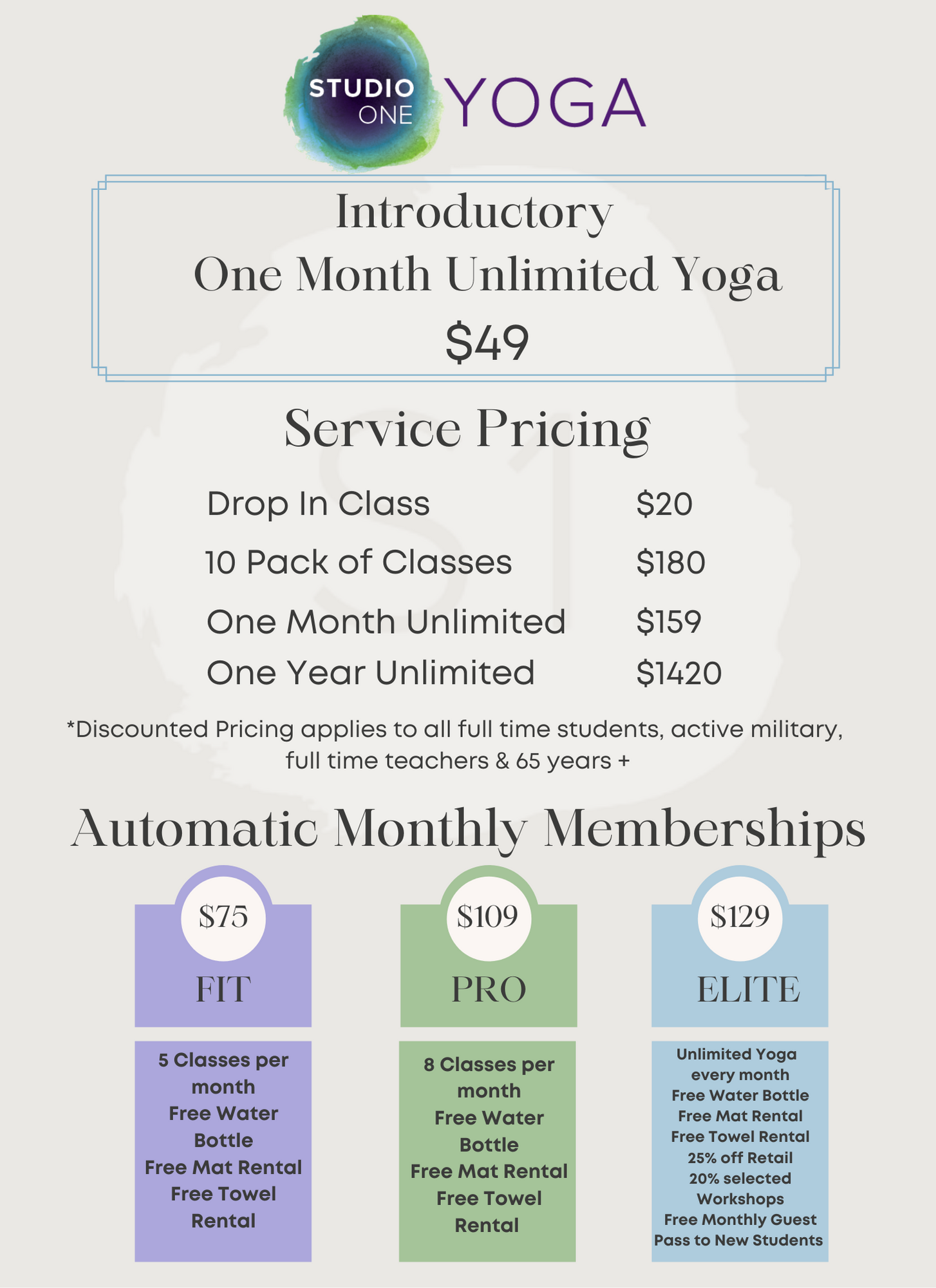 Class Pricing — Studio One Yoga