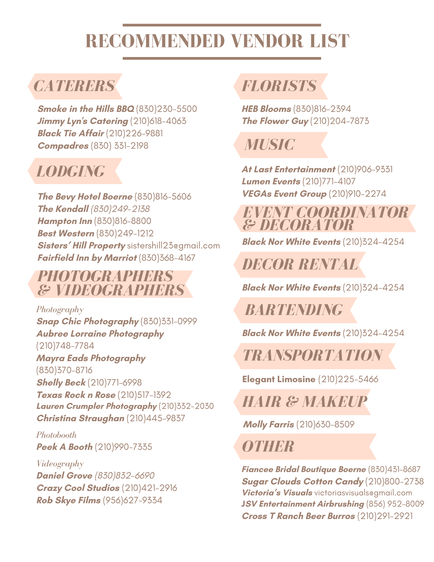 Recommended Vendor List | Eagle Dancer Ranch Wedding Venue