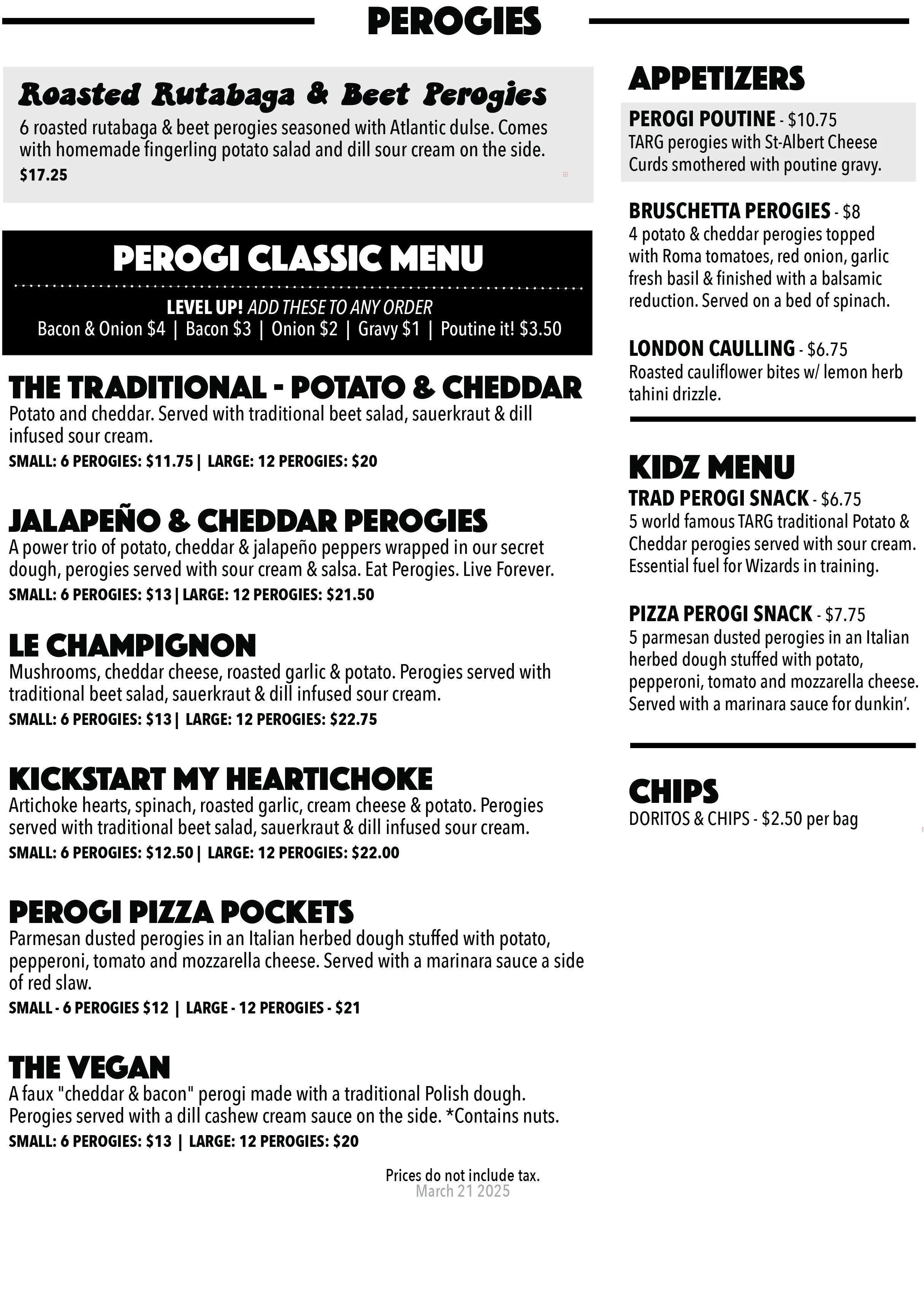 MENU: Perogies & Drinks (Copy) — House of TARG