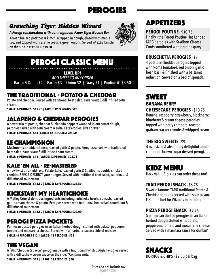 MENU: Perogies & Drinks (Copy) — House of TARG