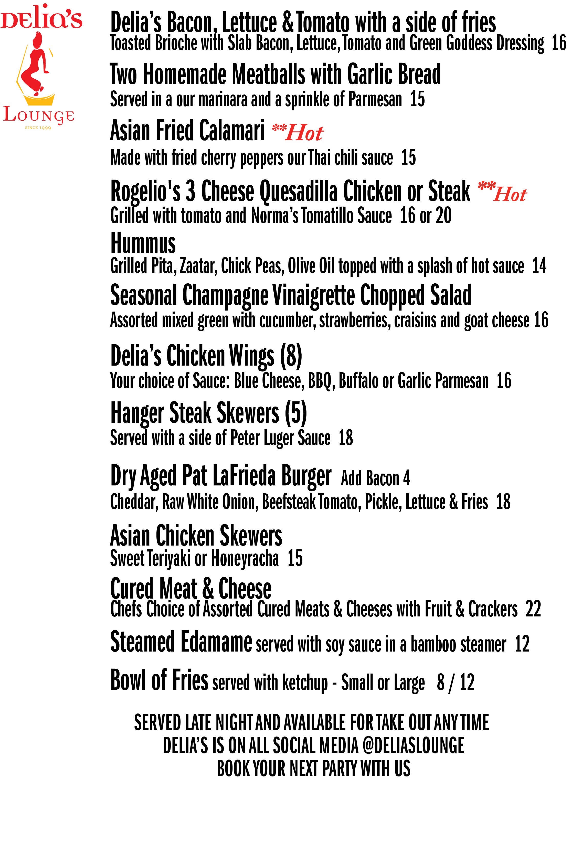 Menu — Delia's Lounge