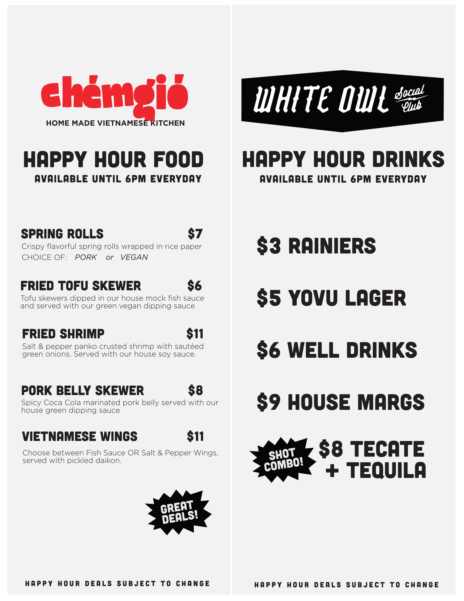 Menus — White Owl Social Club - Portland Food - Portland Events ...