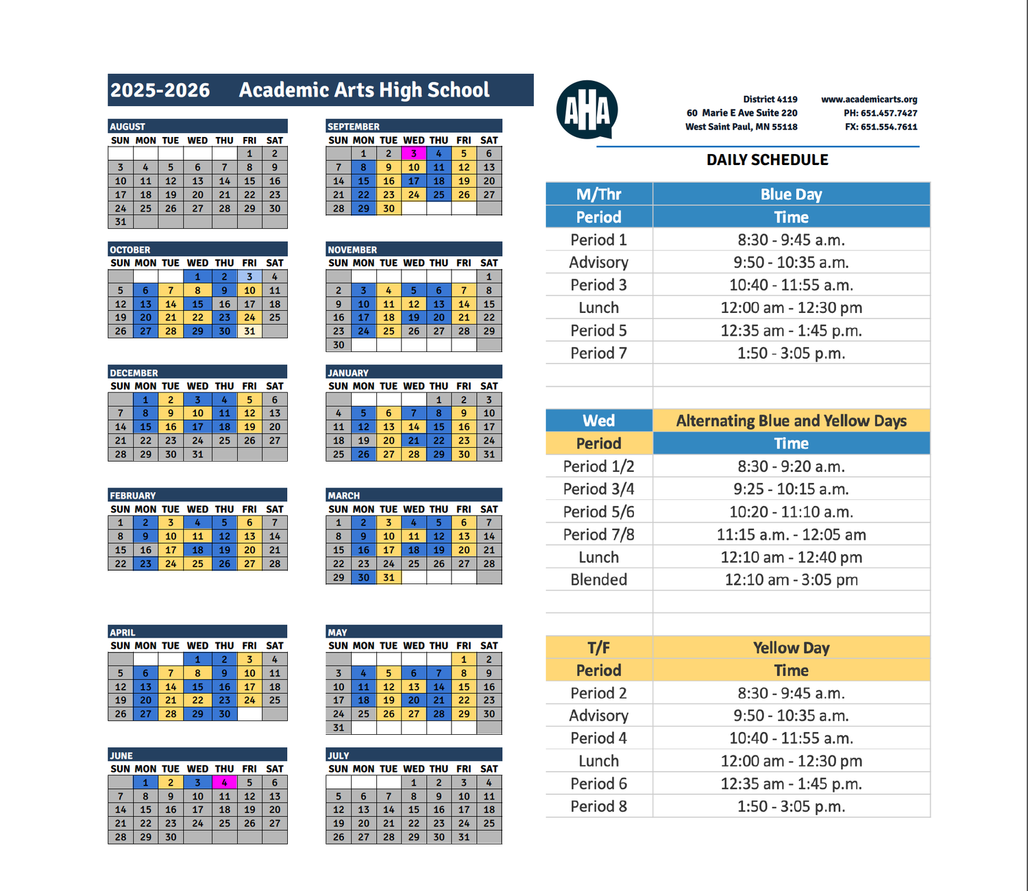 Calendar & Schedule — Academic Arts High School