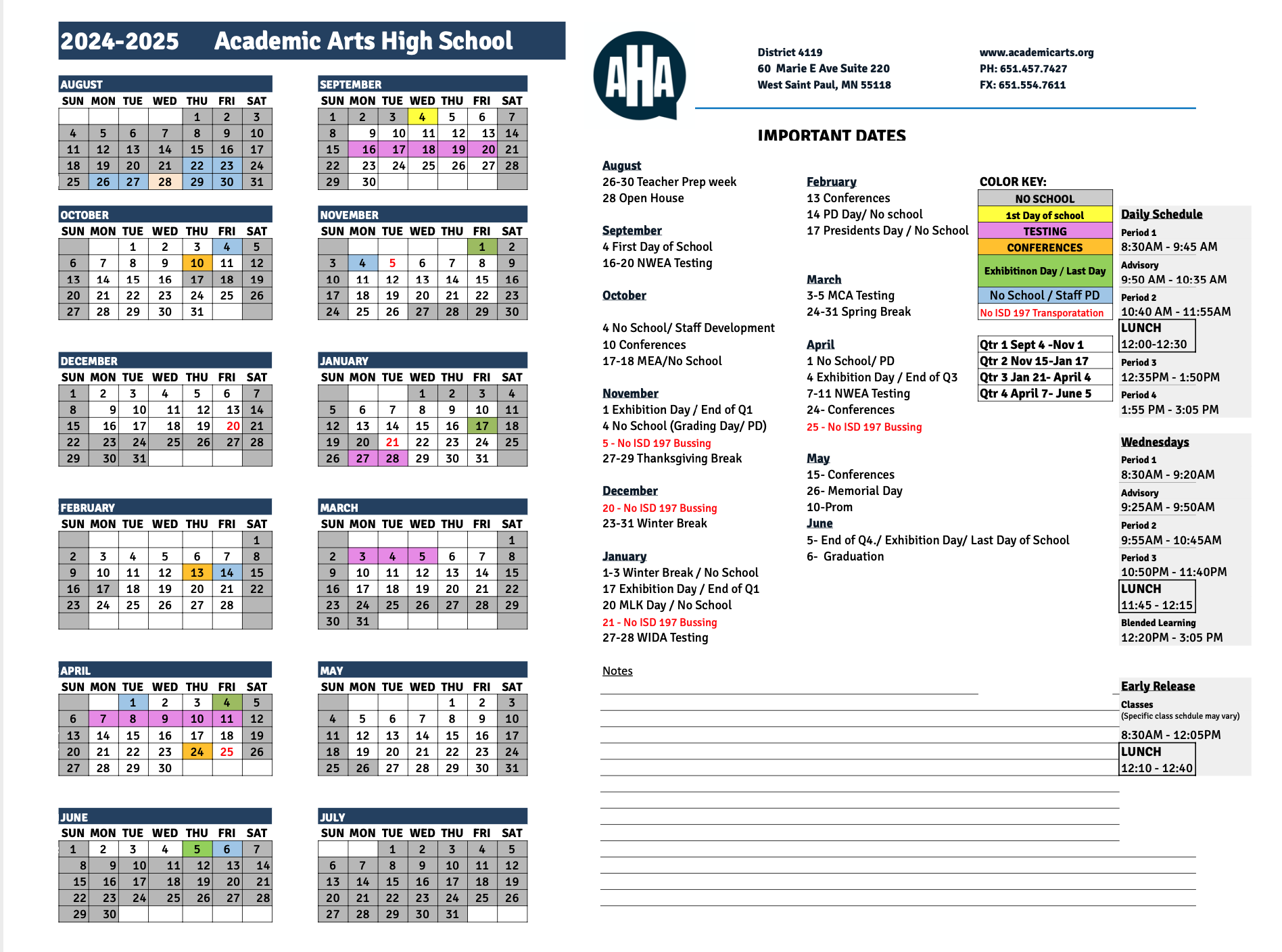 Calendar & Schedule — Academic Arts High School