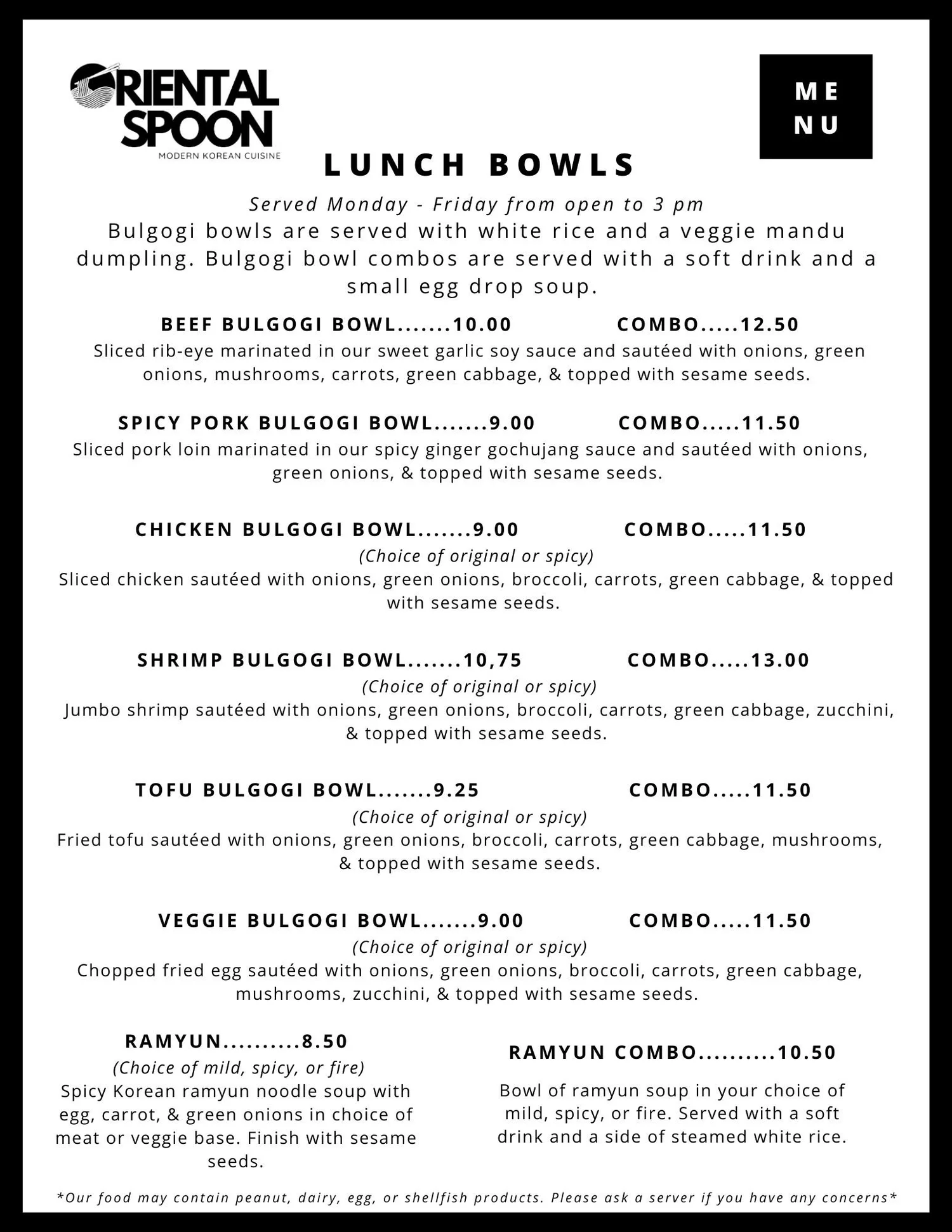 Menu — Oriental Spoon