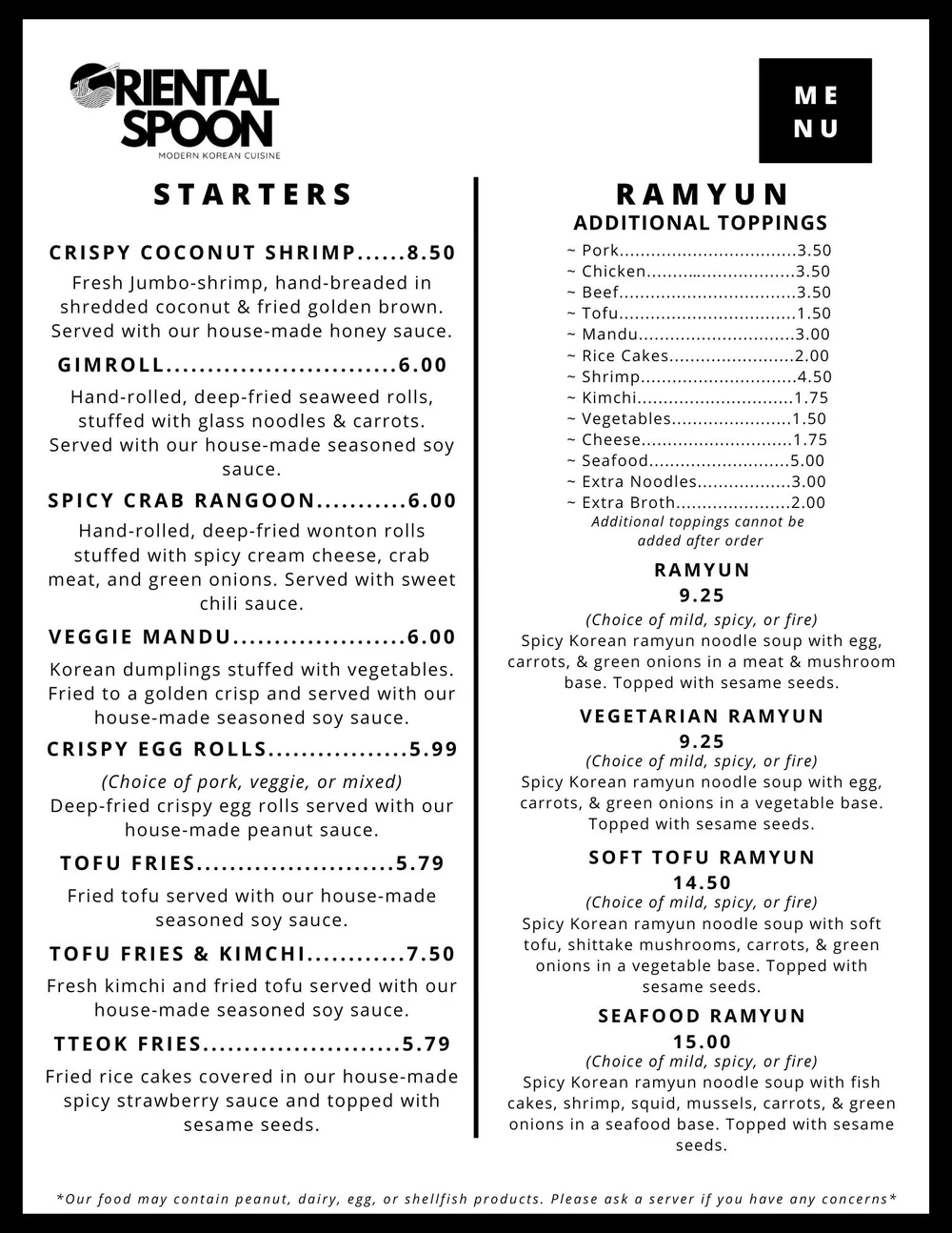 Menu — Oriental Spoon