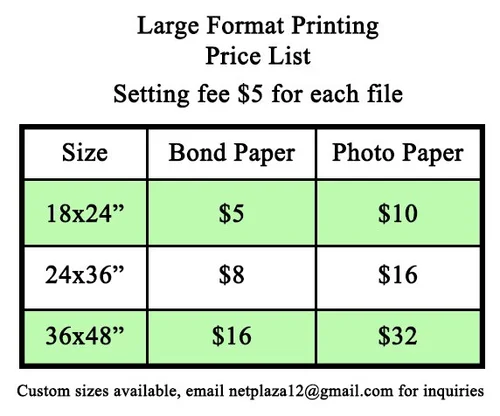 PRICING — Net Plaza Print Shop