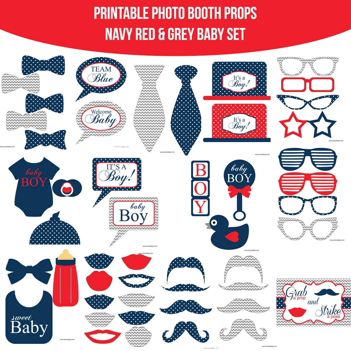 Instant Download Baby Navy Red & Grey Printable Photo Booth Prop Set ...