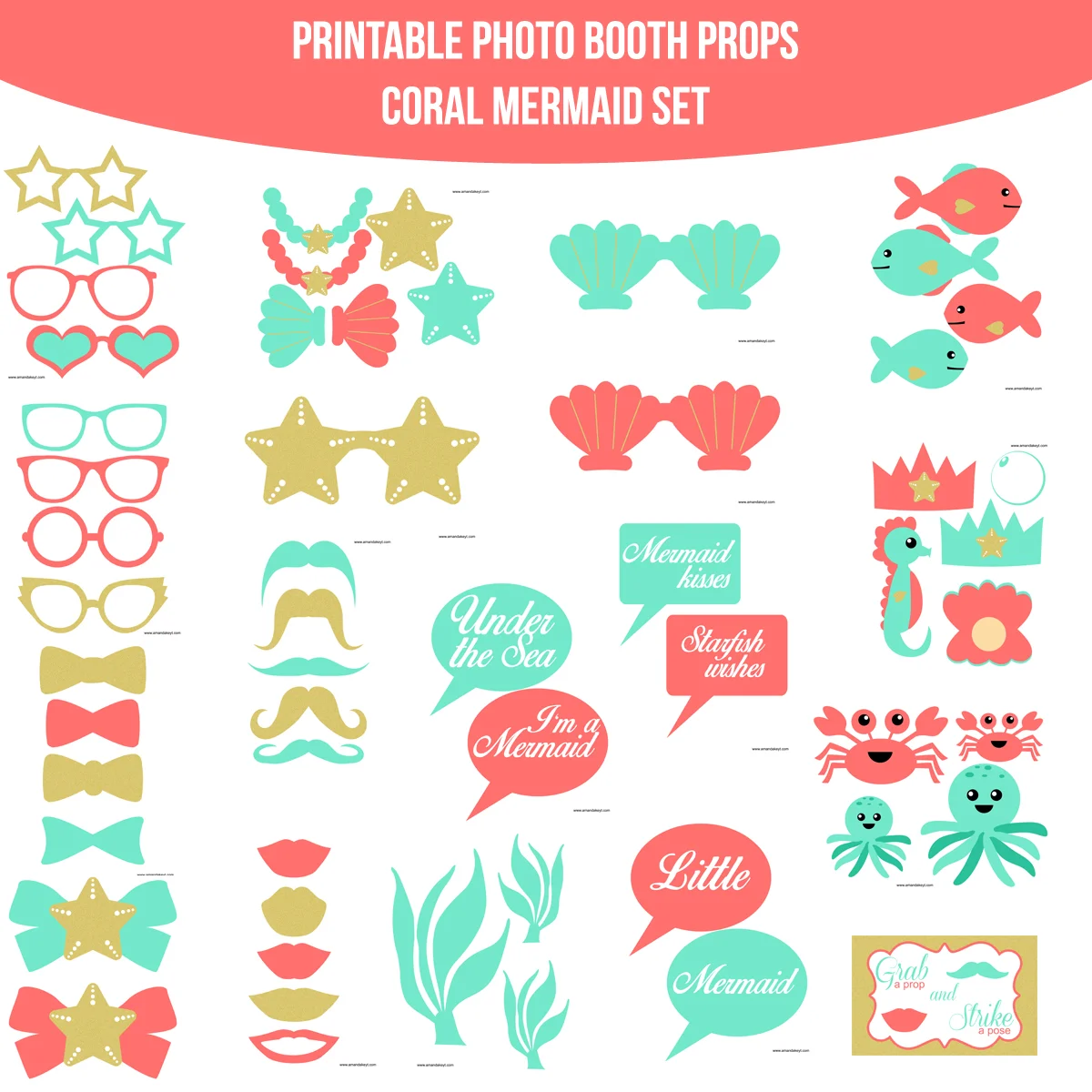 Instant Download Coral Mermaid Printable Photo Booth Prop Set — Amanda ...