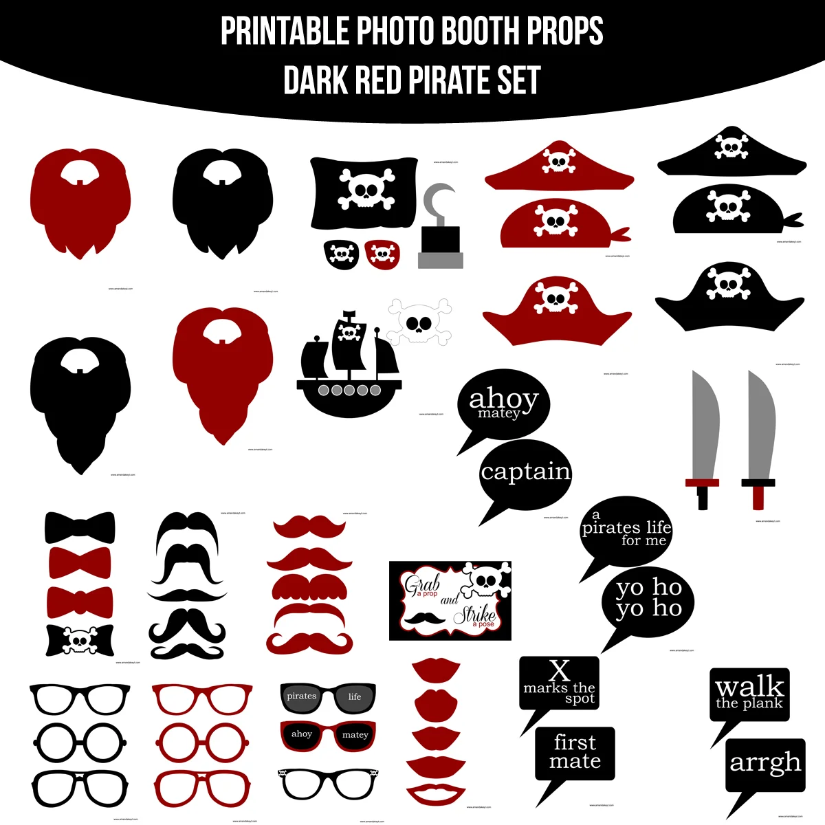 Instant Download Pirate Dark Red Printable Photo Booth Prop Set ...
