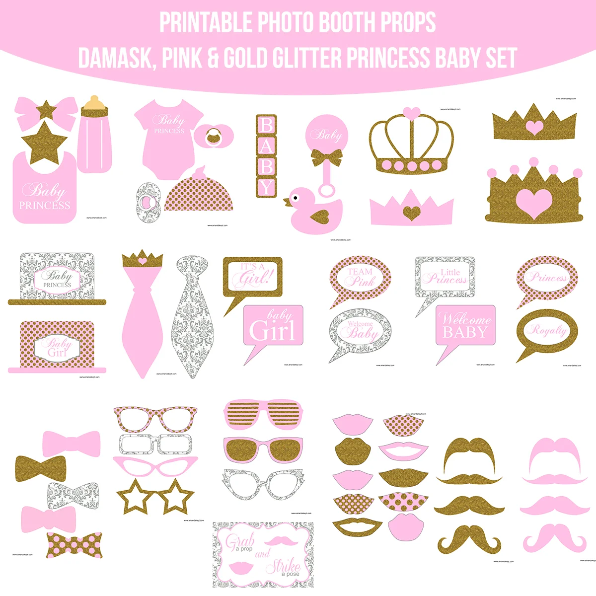 Instant Download Baby Princess Damask, Pink & Gold Glitter Printable ...