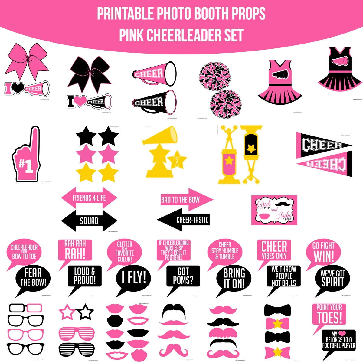 Instant Download Cheerleader Pink Black Printable Photo Booth Prop Set ...