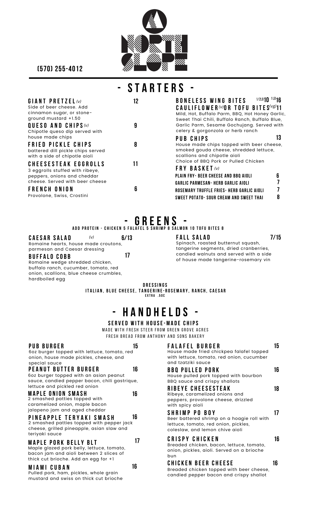 Dinner Menu — NORTH SLOPE BREWING CO