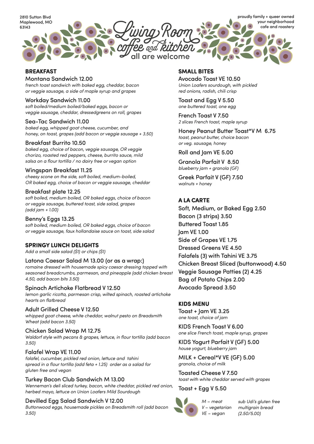 Menu — living room coffee & kitchen