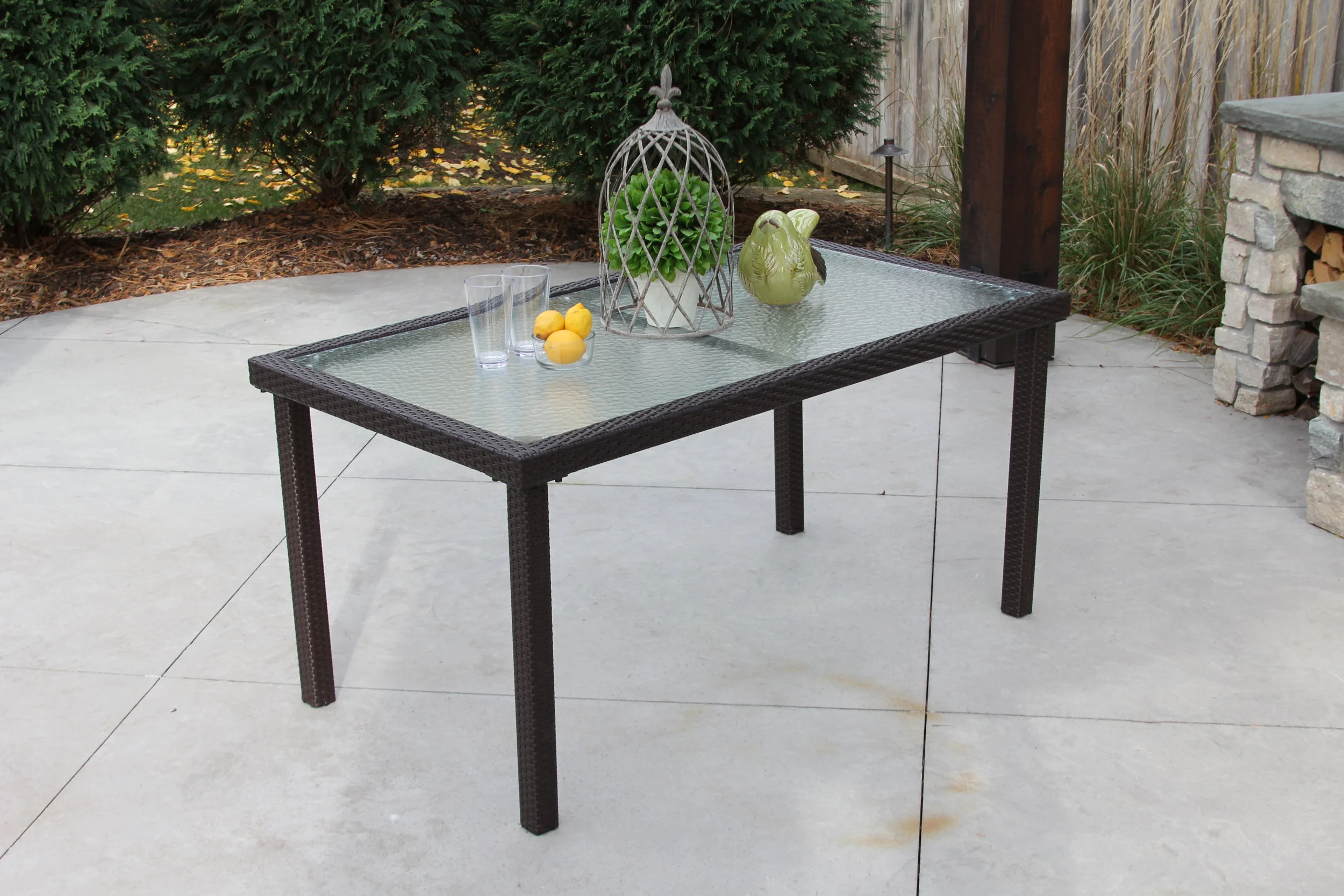 Rectangular Wicker Dining Table With Recessed Tempered Glass — MELDECCO ...