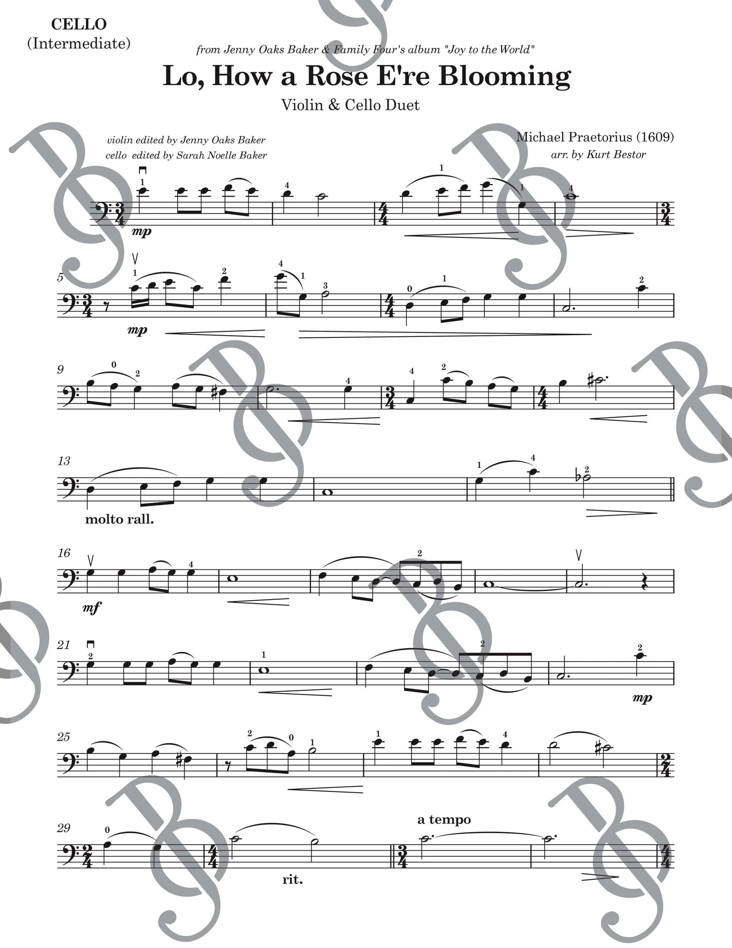 Lo How A Rose E'er Blooming Violin & Cello DUET Sheet Music (Intermediate) — Jenny Oaks Baker