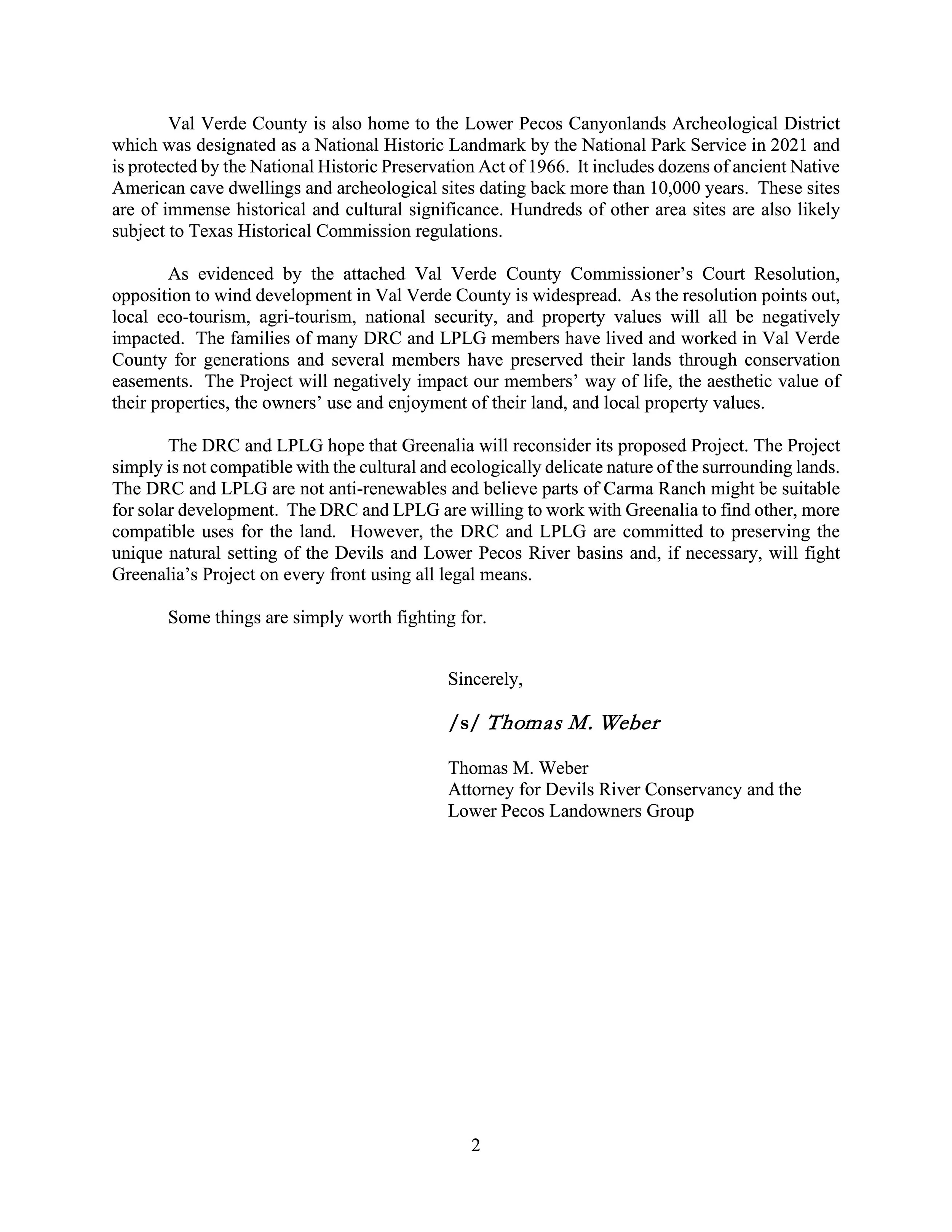 Letter of Opposition to Greenalia Wind Farm Development — Devils River ...